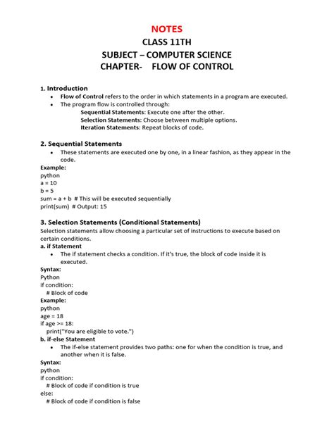 Class 11 Notes Computer Science Chap 6 2024 25 Pdf Control Flow Computer Programming