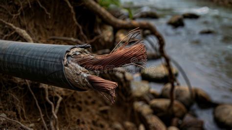 Damaged Power Cable Exposed Copper Wires Against Natural Backdrop