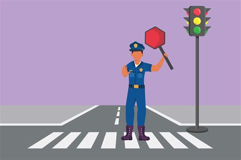 Graphic Flat Design Drawing Policeman On Crossing Path Near Traffic Light In Full Uniform