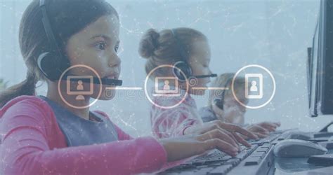 Image Of Digital Icons Over Diverse Students Wearing Phone Headset