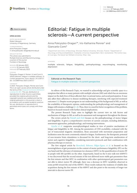 Pdf Editorial Fatigue In Multiple Sclerosis—a Current Perspective