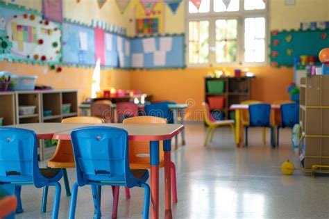 A Brightly Colored Classroom With A Lot Of Chairs And Tables Stock Illustration Illustration