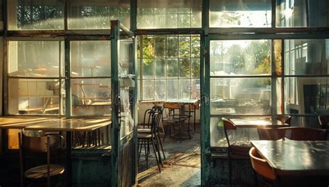 Cozy Cafe Interior Featuring Sunbeam Rays Filtering Through Dusty