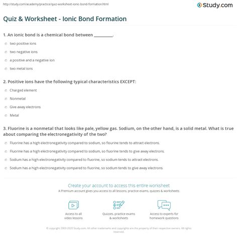 Quiz And Worksheet Ionic Bond Formation
