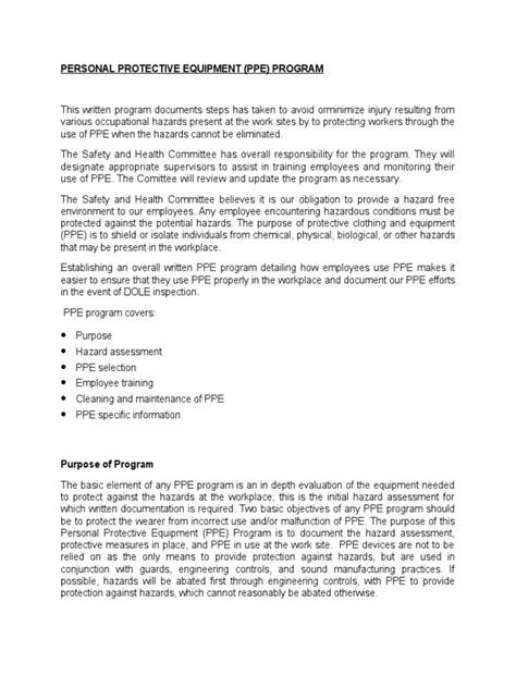 Personal Protective Equipment Program Template