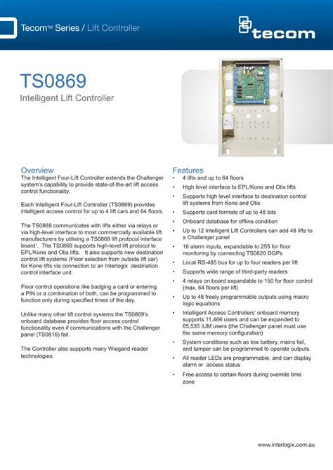 Pdf Data Sheet Tecom Intelligent Lift Controller · Ts0869