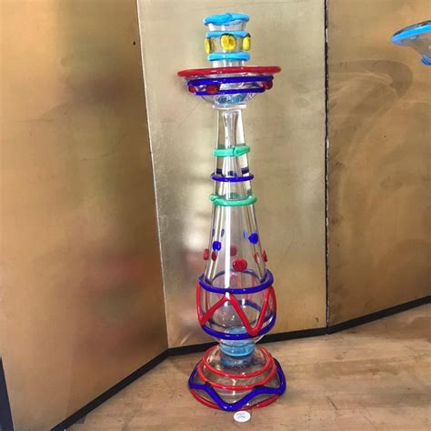 Tall Pair Masterwork Hand Blown Colorful Glass Candle Holders 18