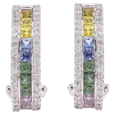 Dazzling 14k Yellow Gold Earrings With Multi Colored Sapphire And