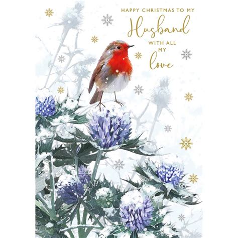 Robin With Blue Thistle Christmas Card Gajet
