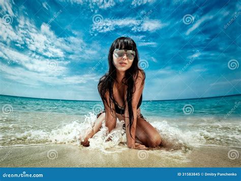Brunette Beautiful Model Posing On A Beach Stock Image Image Of Girl
