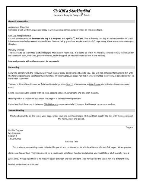 To Kill A Mockingbird Essay Assignment