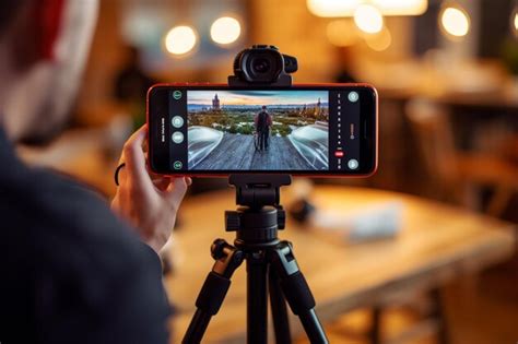 Smartphone Mounted On A Tripod Being Set Up For Professional Video