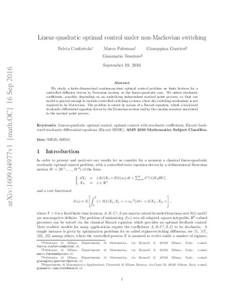 Pdf Linear Quadratic Optimal Control Under Non Markovian Switching