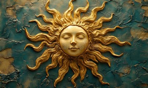 Golden Sun Sculpture With Serene Face And Wavy Rays On Textured Blue Background Stock Image