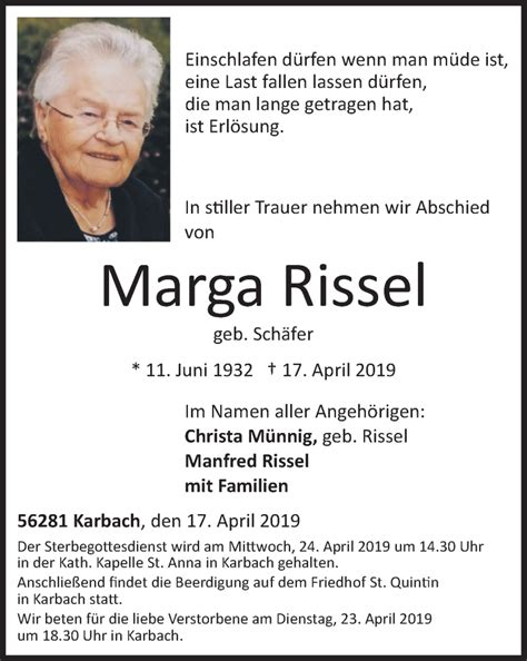 Traueranzeigen Von Margareta Rissel Rz Trauerde