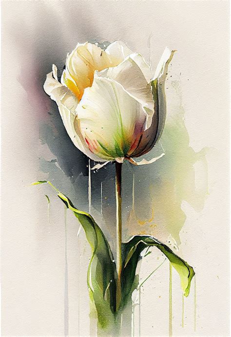 White Tulip Flower Art Print Botanical Watercolors Illustration