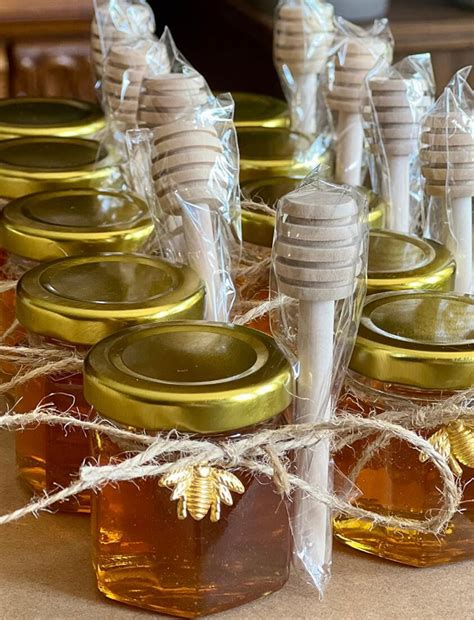 Mini Honey Jar Favors Filled Whoney Glass Honey Jars Gold Lids Wooden