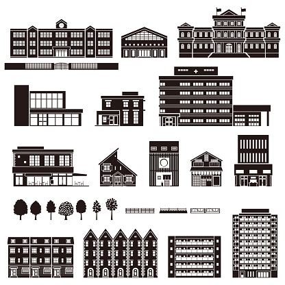 Vector Illustration Of Various Buildings Exterior View Of The