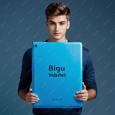 Premium Photo Young Man With Big Blue Tablet With Inscription