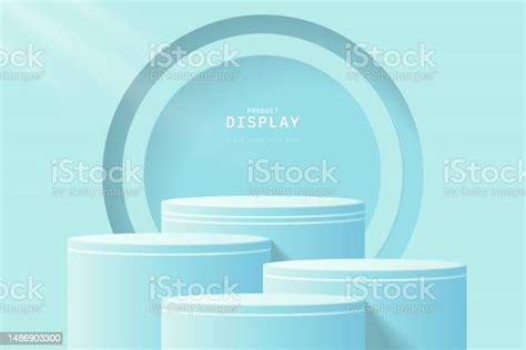 스튜디오 룸에 있는 추상적인 하늘색 3d 배경 창문 중앙에 떠 있는 둥근 모양의 현실적인 3d 실린더 연단 받침대 모형 또는