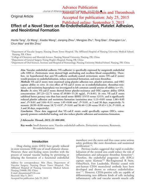 Pdf Effect Of A Novel Stent On Re Endothelialization Platelet