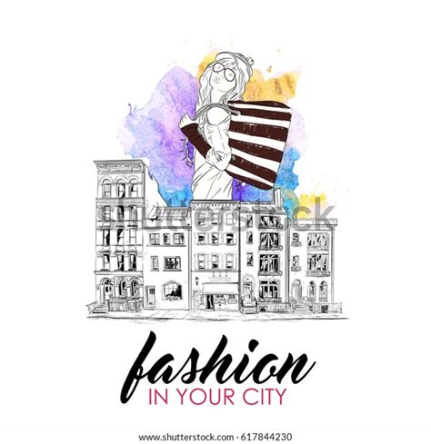 Fashion Poster Pretty Girl City Watercolor Stock Vector Royalty Free