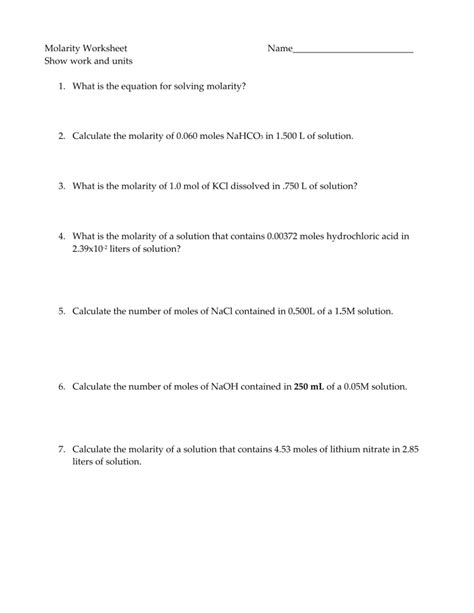 Molarity Worksheet Chemistry Calculations