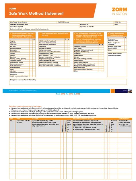 Safe Work Method Statement Form Pdf