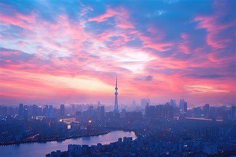Shanghai City At Sunset Has A Beautiful Pink Sunset Background High
