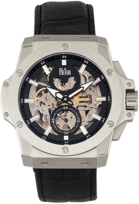 Reign Commodus Mens Automatic Black Genuine Leather Silver Watch