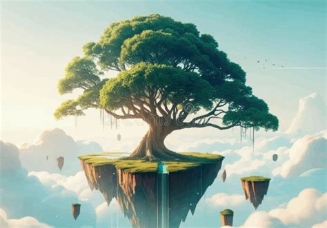 Majestic Tree Floating On A Cloud Island Symbolizing Tranquility And
