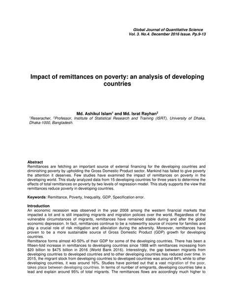 Pdf Md Ashikul Islam And Md Israt Rayhan 2016 Impact Of Remittances On Poverty An
