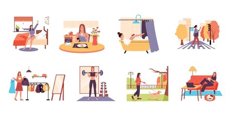 Woman Daily Routine Girl Everyday Life Scenes Cartoon Person Wake Up