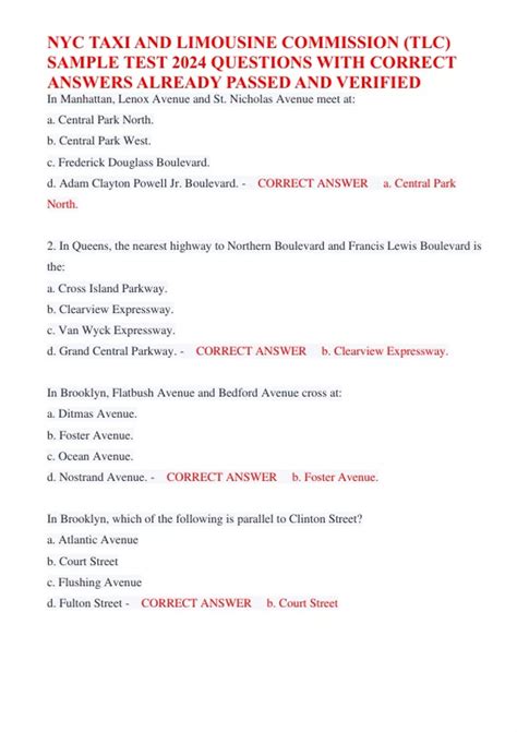 Nyc Taxi And Limousine Commission Tlc Sample Test 2024 Questions With