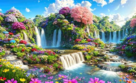 Paradise Land With Beautiful Gardens Waterfalls And Flowers Magical Idyllic Background With