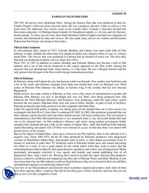 Pakistan Film Industry Mass Media Lecture Handout Docsity