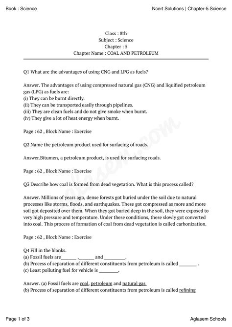 Ncert Solutions Class 8 Science Chapter 5 Coal And Petroleum