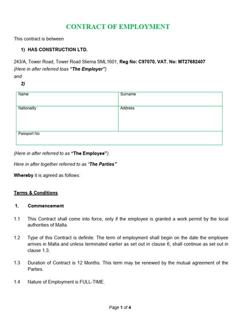 Employement Contract For Labourer Pdf Employment Working Time