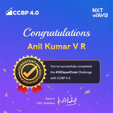 completed 30daysofcode challenge with nxtwave anil kumar v r posted on the topic linkedin