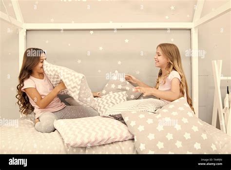 Best Girls Sleepover Party Ideas Girls Happy Best Friends In Pajamas With Pillows Sleepover