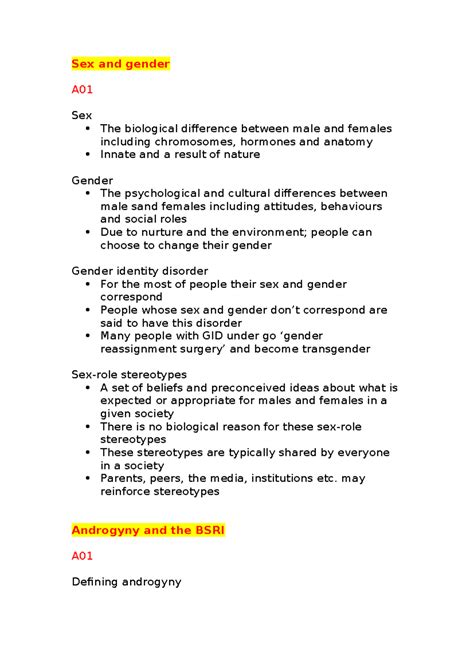 Gender Summary Notes Sex And Gender A Sex The Biological Difference Between Male And Females