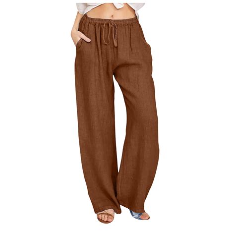 Poropl Brown Linen Pants Women Loose Wide Leg Drawstring Elastic Waist