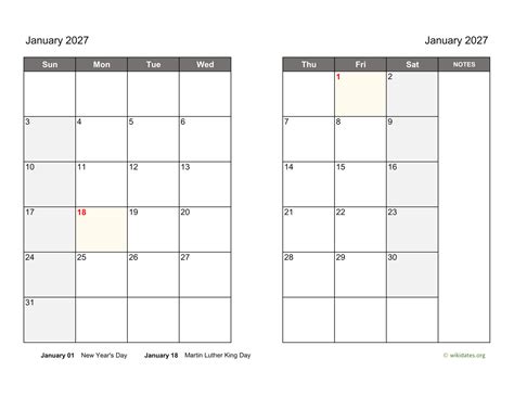 Monthly 2027 Calendar On Two Pages