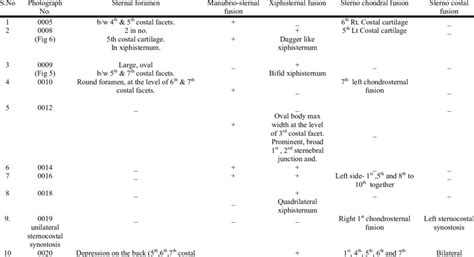 List Of Anomalies In Ten Sterna Showing Sternal Foramina And Sternal