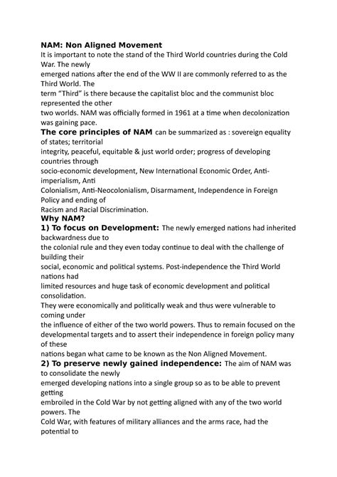 Non Alignment Movement Nam Non Aligned Movement It Is Important To Note The Stand Of The