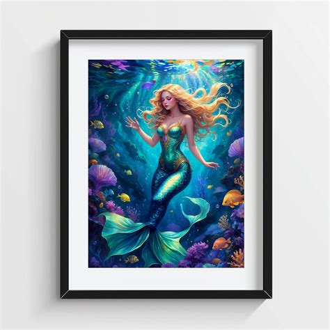 Blonde Mermaid Princess Wall Art Print Ocean Fantasy Giclee Underwater