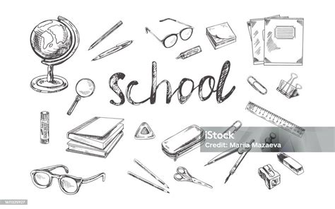 학교로 돌아가기 손으로 그린 학용품 큰 스케치 세트 낙서 글자 및 학교 개체 수집 교육 개념입니다 빈티지 스케치 요소 벡터