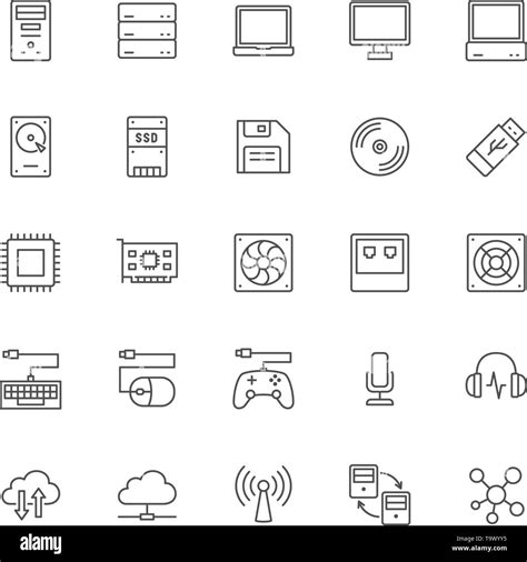 Set Of Computer Components Line Icons System Unit Console Server And More Stock Vector Image