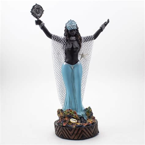 Imagem Iemanjá Luxo Preta Vestido Azul Resina 30 Cm Amém Decoração