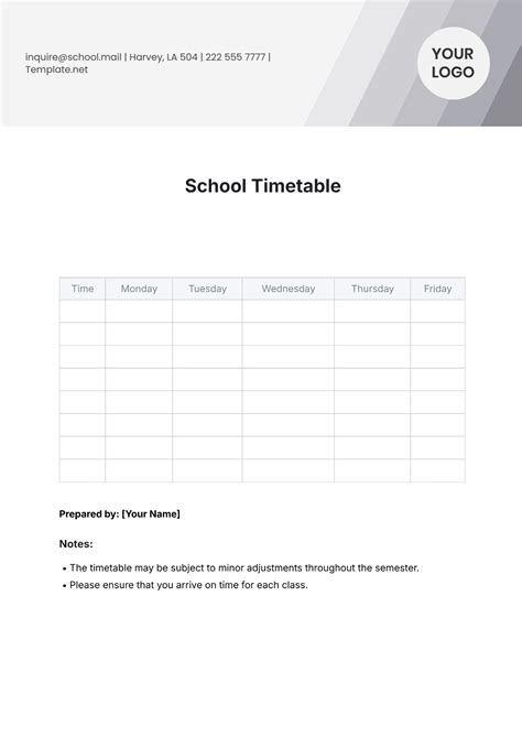 Free School Timetable Template To Edit Online